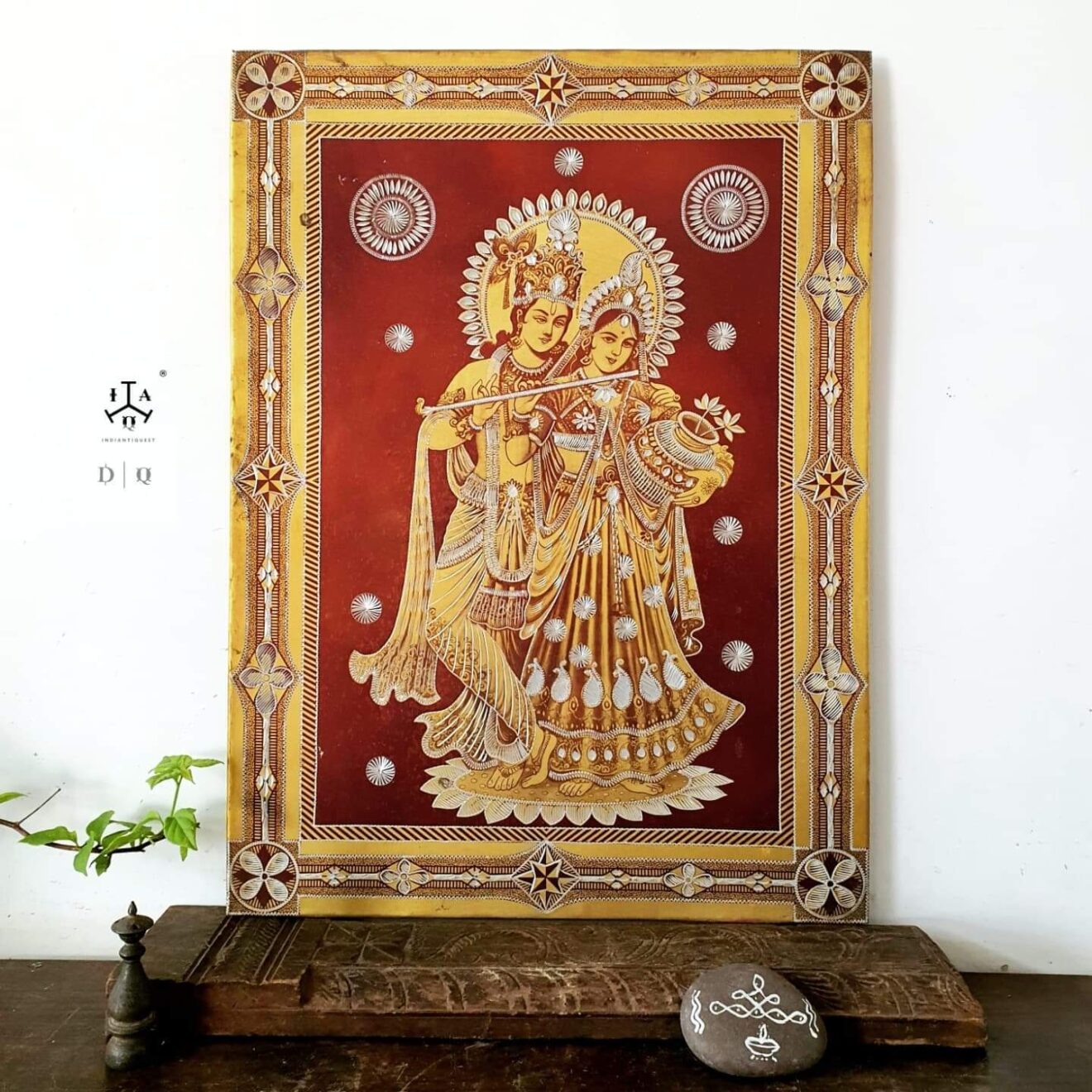 Polychrome etched Lord Krishna with Radha Rani - Indian Antique Quest