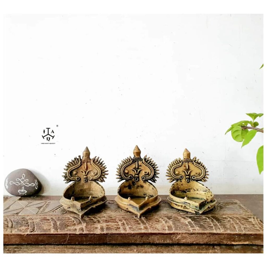 Sun Moon Vishnu Sridevi Bhudevi oil lamps set - Indian Antique Quest