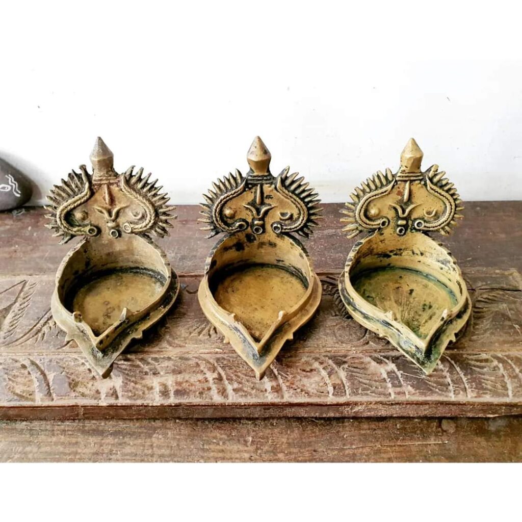 Sun Moon Vishnu Sridevi Bhudevi oil lamps set - Indian Antique Quest