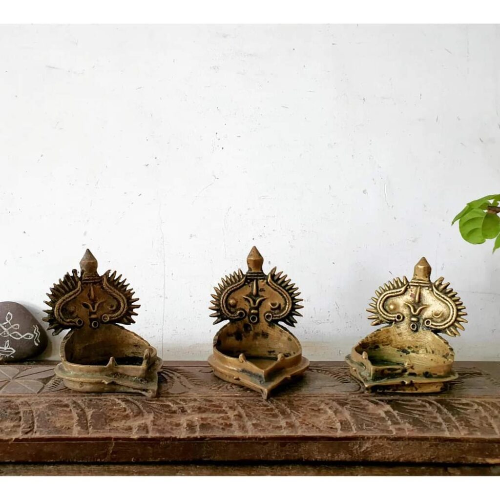 Sun Moon Vishnu Sridevi Bhudevi oil lamps set - Indian Antique Quest