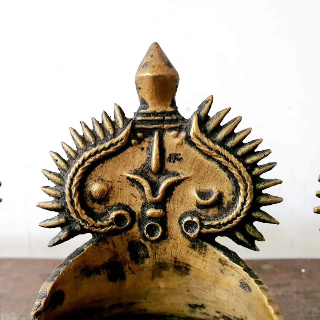 Sun Moon Vishnu Sridevi Bhudevi oil lamps set - Indian Antique Quest