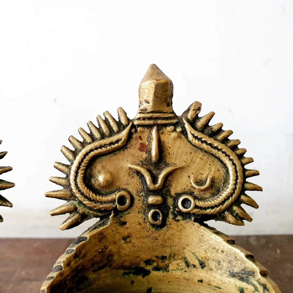Sun Moon Vishnu Sridevi Bhudevi oil lamps set - Indian Antique Quest
